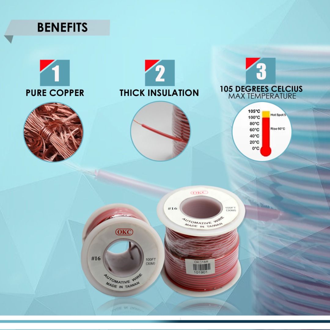 OKC AUTOWIRE #16 RED PURE COPPER, AUTO WIRE, BEST FOR WIRING OF YOUR ...