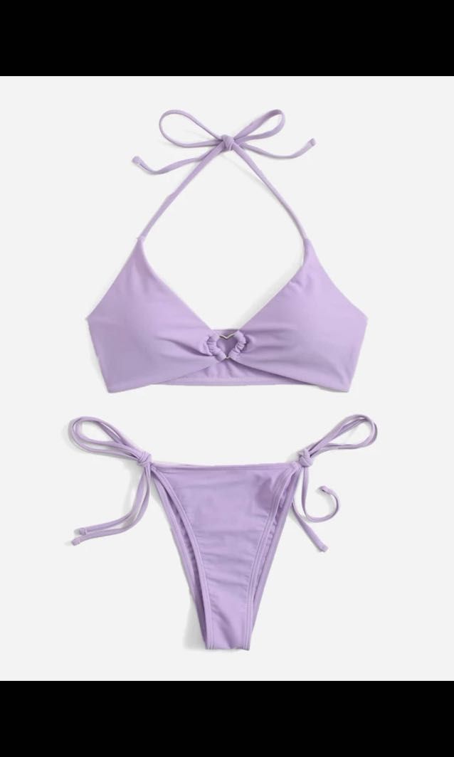 SHEIN Purple Heart Ring Decor Lace Up Bikini Swimsuit, Women's Fashion ...