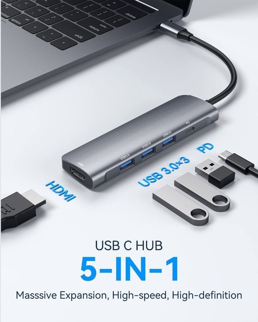 T130 USB C Hub Type C Hub Adapter, Ablewe 5 in 1 Aluminum USB C to HDMI ...