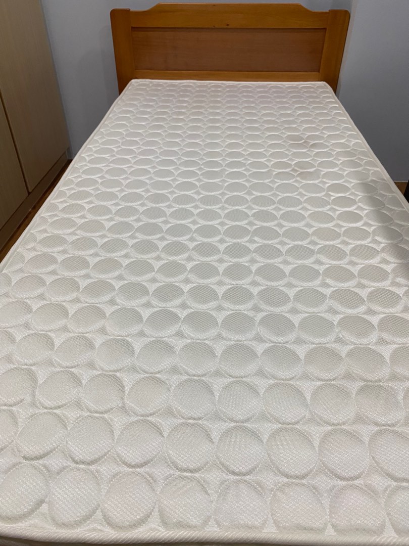 99% new single wooden bed with form mattress with receipt, Furniture ...