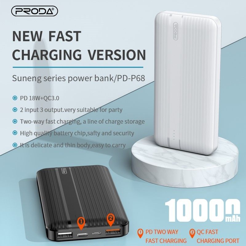 PRODA PD-P68 Suneng Series 10000mAh PD 18W QC 3.0 Power Bank 10000 mAh Portable Charger, Mobile ...