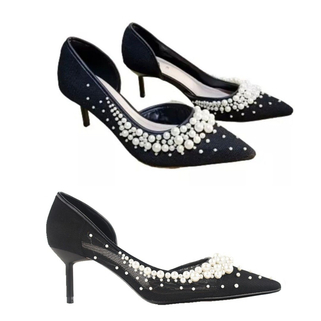 Sepatu ZARA Mesh Pump With Pearl Heels Shoes, Fesyen Wanita, Sepatu di ...