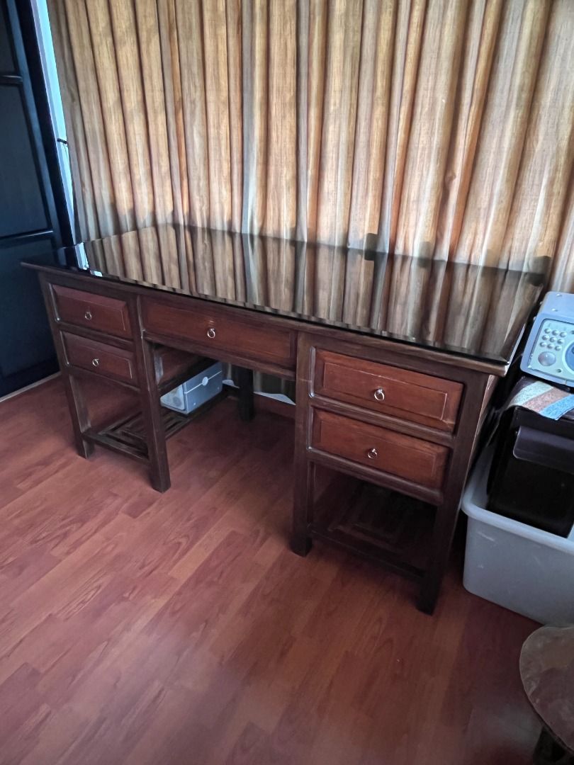 Vintage Study table with glass top, Furniture & Home Living, Furniture ...