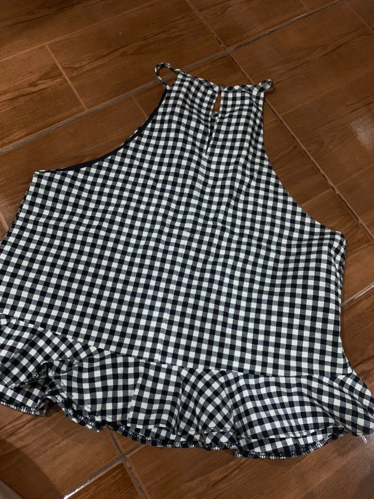zara black and white checkered gingham halter top, Women's Fashion ...