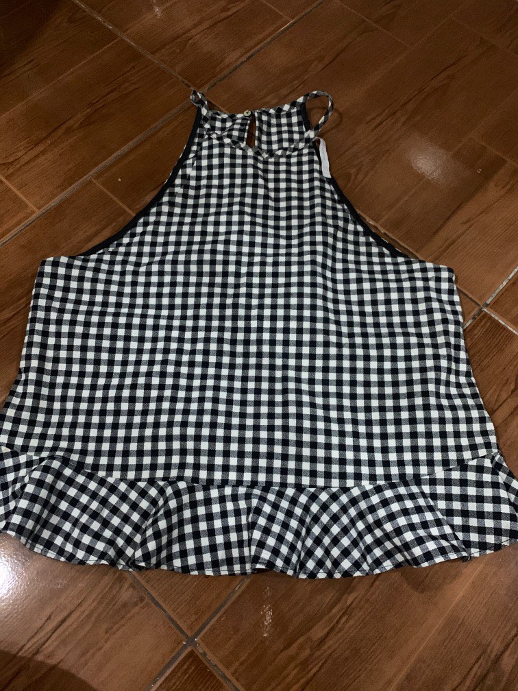 zara black and white checkered gingham halter top, Women's Fashion ...