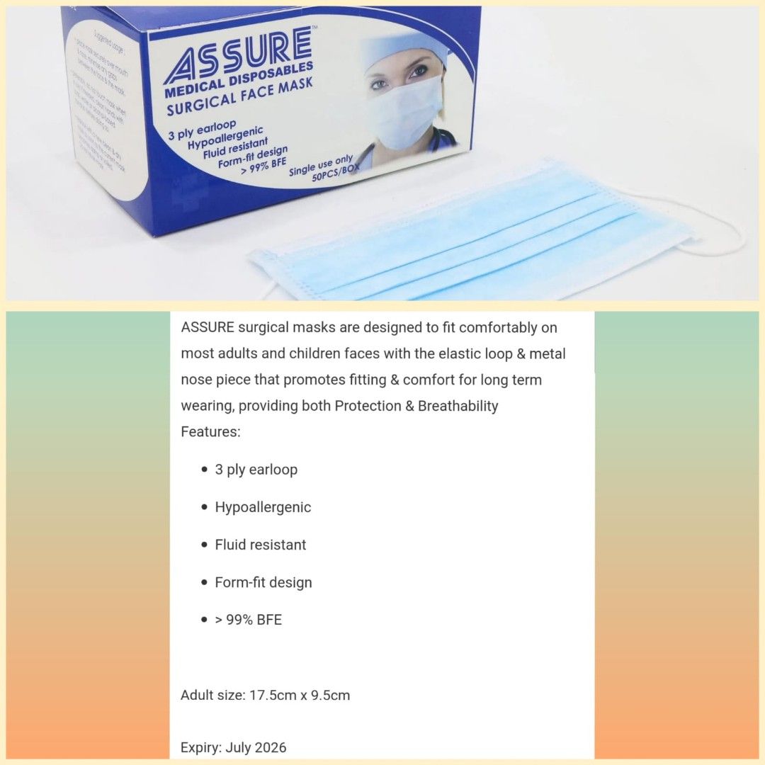 ASSURE Adults Surgical Mask (Expiry: 2026), Health & Nutrition, Face ...