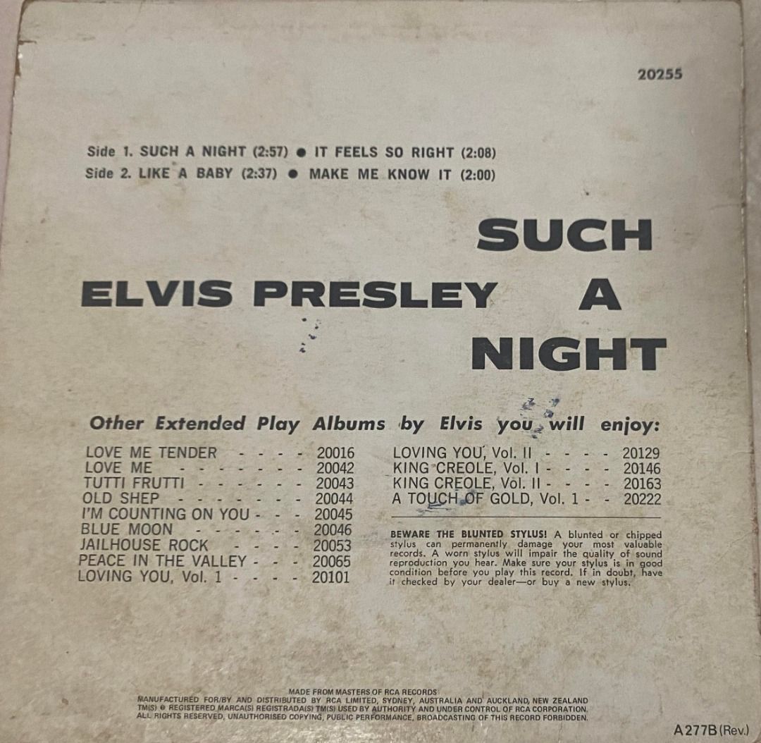 Elvis Presley Such A Night 45RPM Vinyl Record, Hobbies & Toys, Music ...