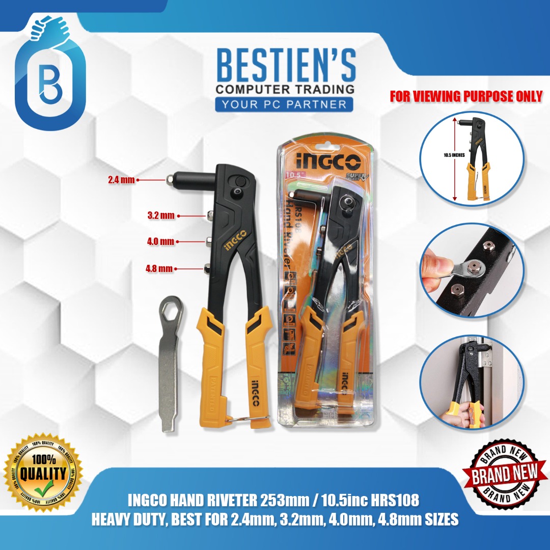INGCO HAND RIVETER 253mm / 10.5inc HRS108 HEAVY DUTY, BEST FOR 2.4mm, 3 ...