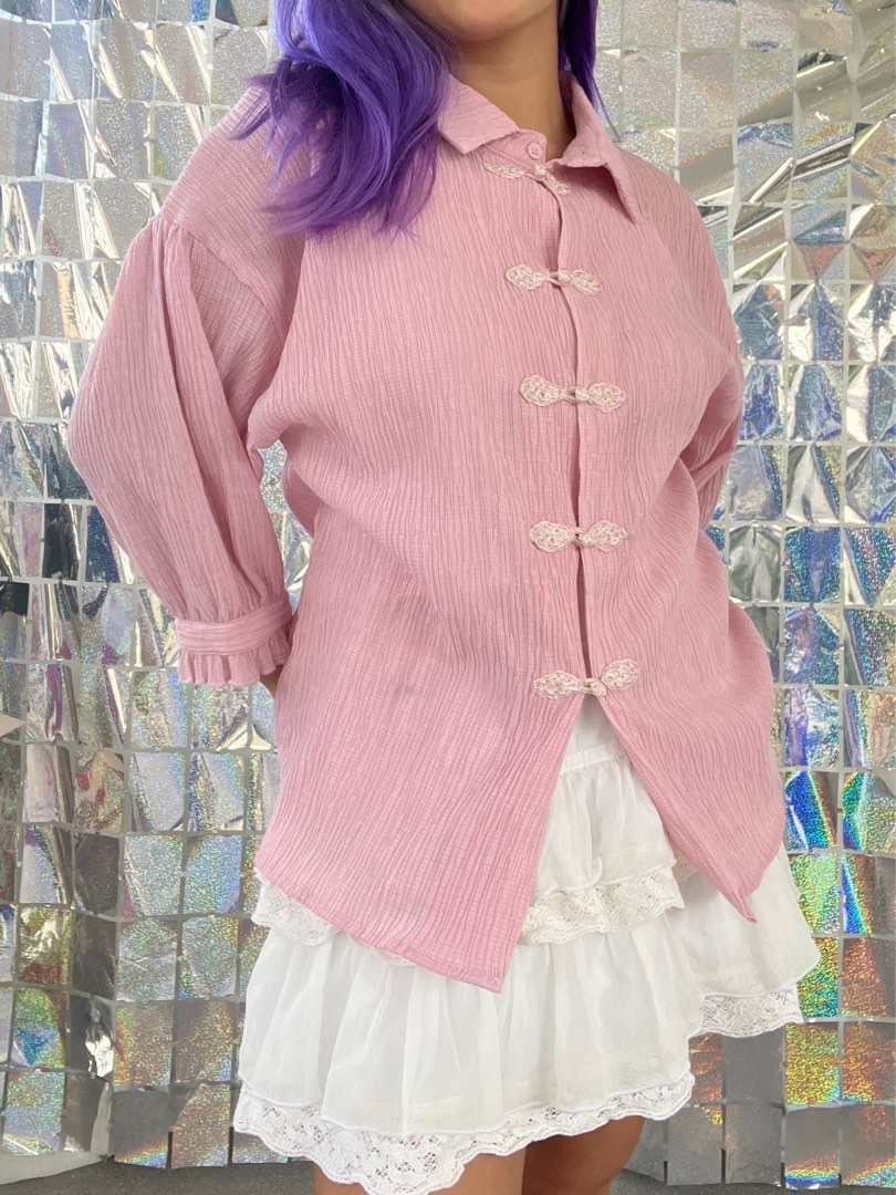 pink textured top with pankou enclosure, Women's Fashion, Tops ...