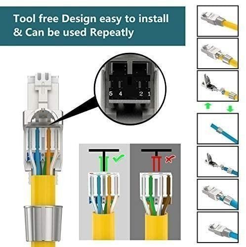 T222 VCELINK RJ45 Cat6A Connectors Tool-Free Reusable Shielded Ethernet Termination Plugs for ...