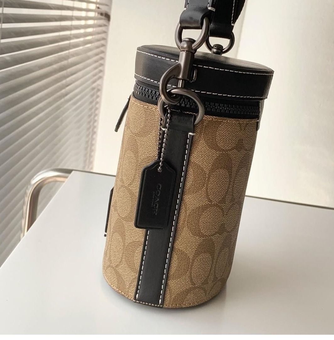 Coach Barrel Crossbody Bag In Signature Canvas C9843 - Khaki/Black, Men ...