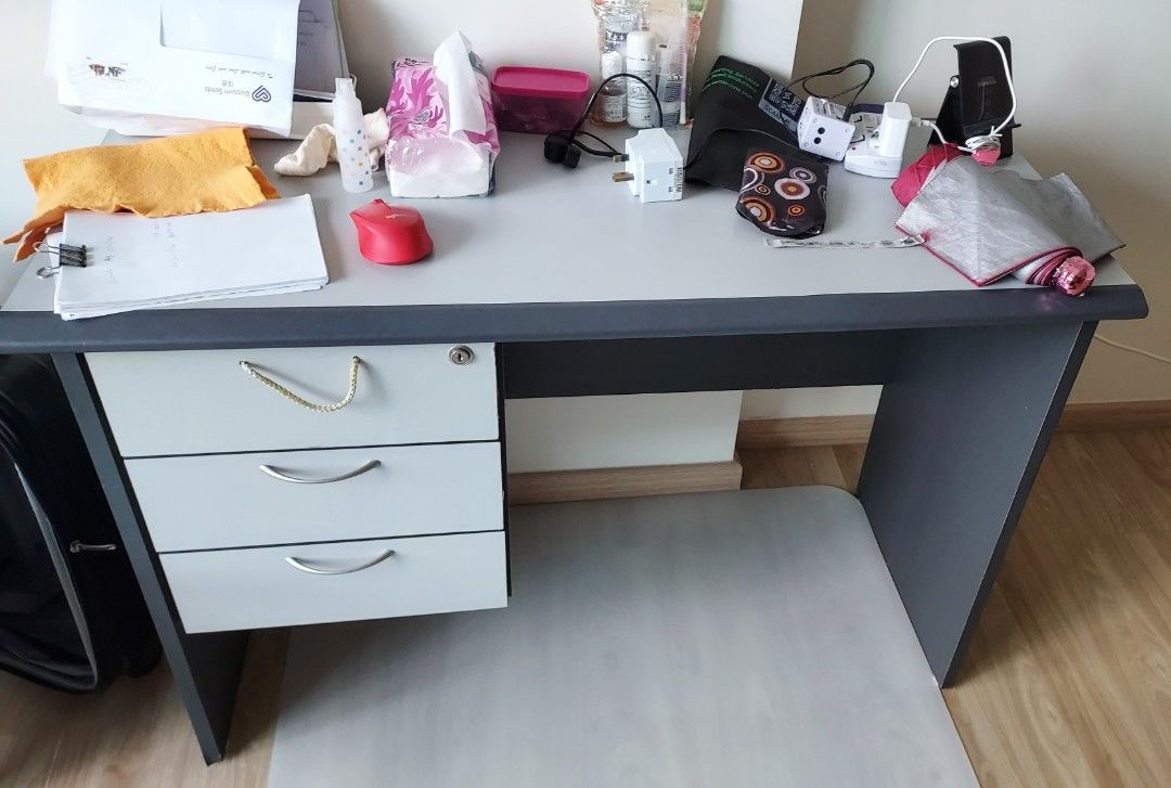 Light Grey Office Desk Table w. Drawers, Furniture & Home Living ...