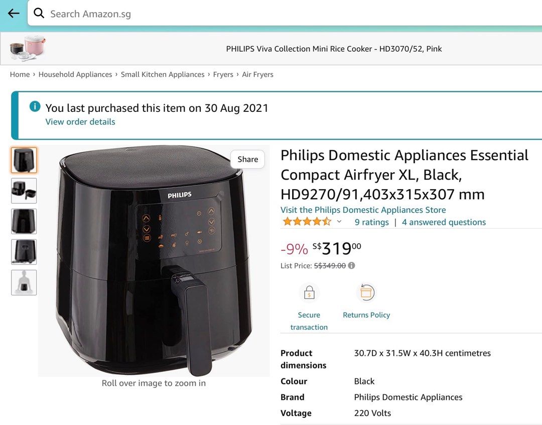 Philips Airfryer HD9270/91 XL Black, TV & Home Appliances, Kitchen ...