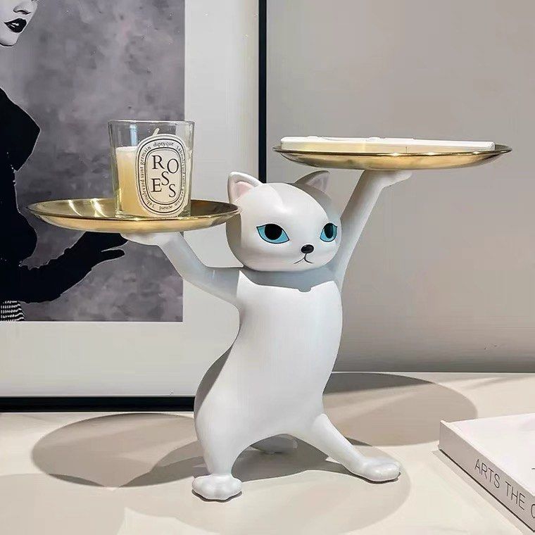 Premium Home Decor | Meow Meow Dancing White Cat Catty With Gold Tray ...
