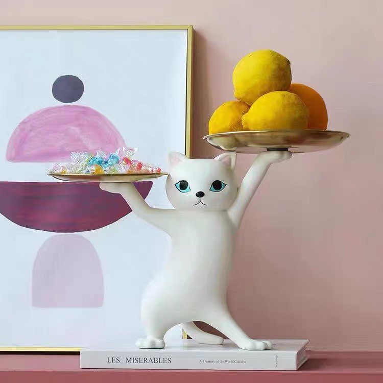 Premium Home Decor | Meow Meow Dancing White Cat Catty With Gold Tray ...