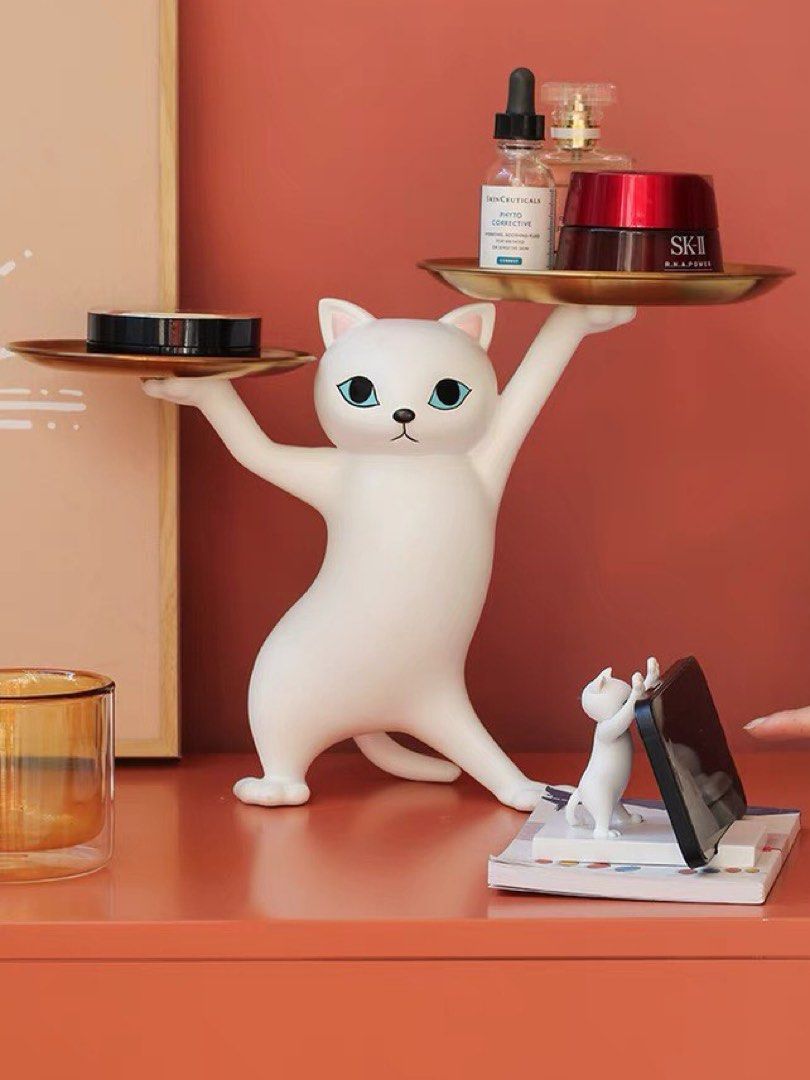Premium Home Decor | Meow Meow Dancing White Cat Catty With Gold Tray ...