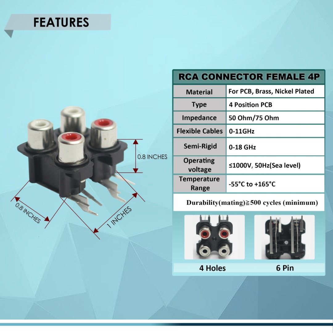 RCA CONNECTOR FEMALE 4P, PCB MOUNT AUDIO VIDEO RCA SOCKET OUTLET ...