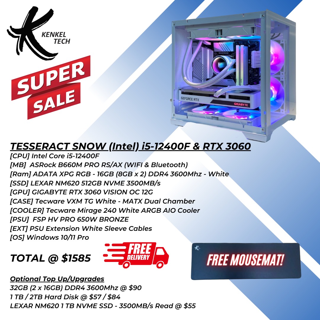 TESSERACT Snow White (Intel) i5-12400F & RTX 3060 Custom PC, Gaming ...