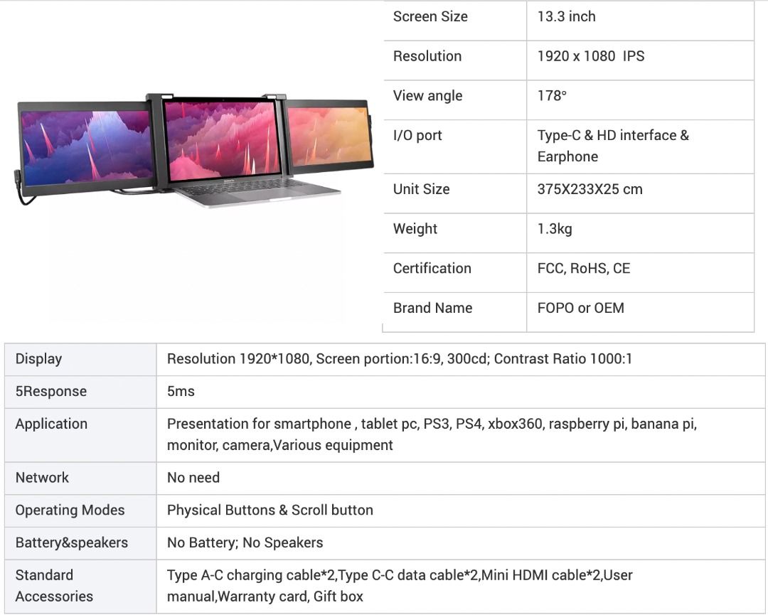 TripsDisp 13.3 Inch Triple Screen Portable Laptop Tri-Screen Display ...