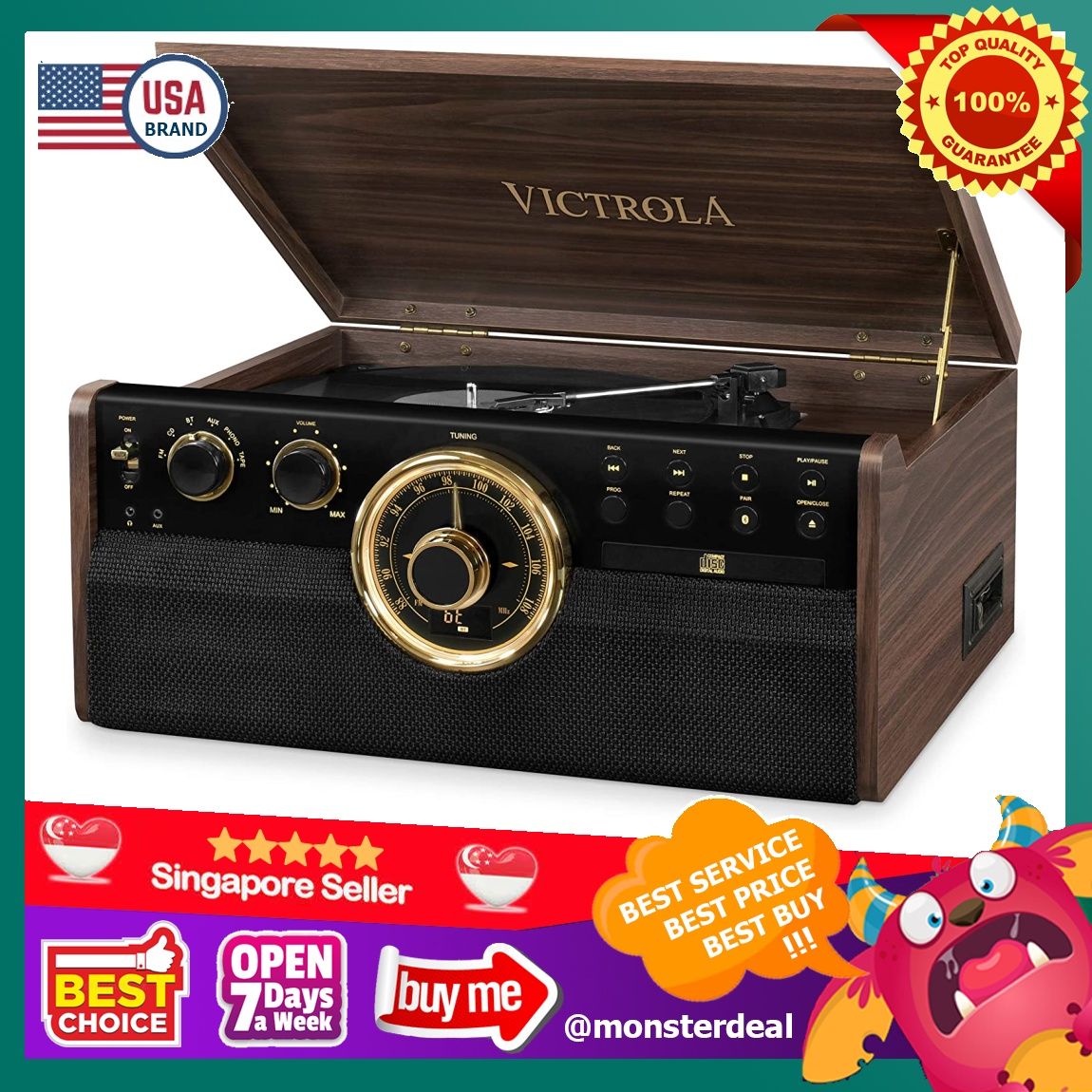 [YBR] Victrola 6-in-1 Wood Bluetooth Mid Century Record Player with 3 ...