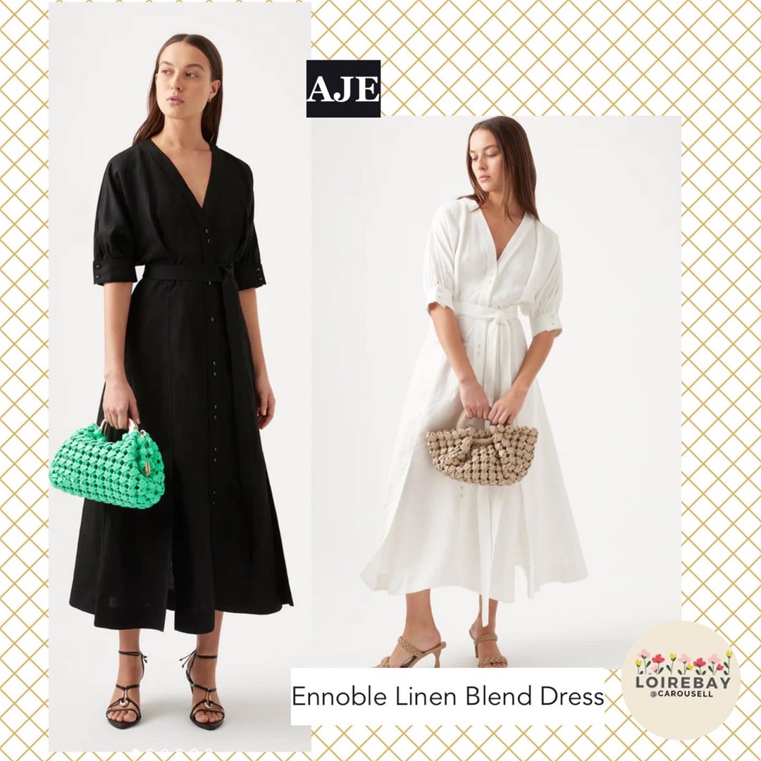 AJE Ennoble Linen Midi Dress, black and white, Women's Fashion, Dresses ...