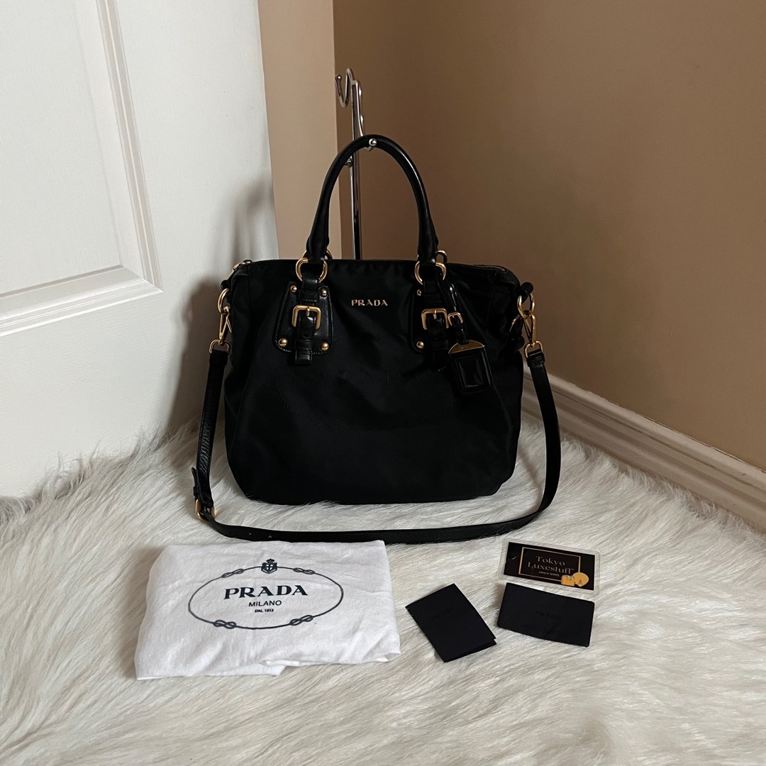 Authentic Preloved Prada Black Nylon Jacquard Logo Two-Way Bag in Gold ...