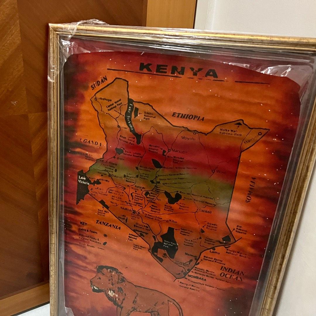 Map of Kenya painting in gold rustic frame, Furniture & Home Living ...