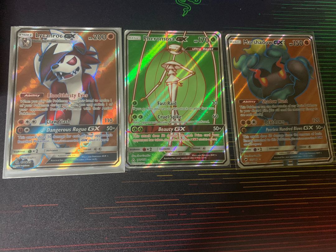 Lycanroc gx,pheromosa gx ,Marshadow gx full art, Hobbies & Toys, Toys & Games on Carousell