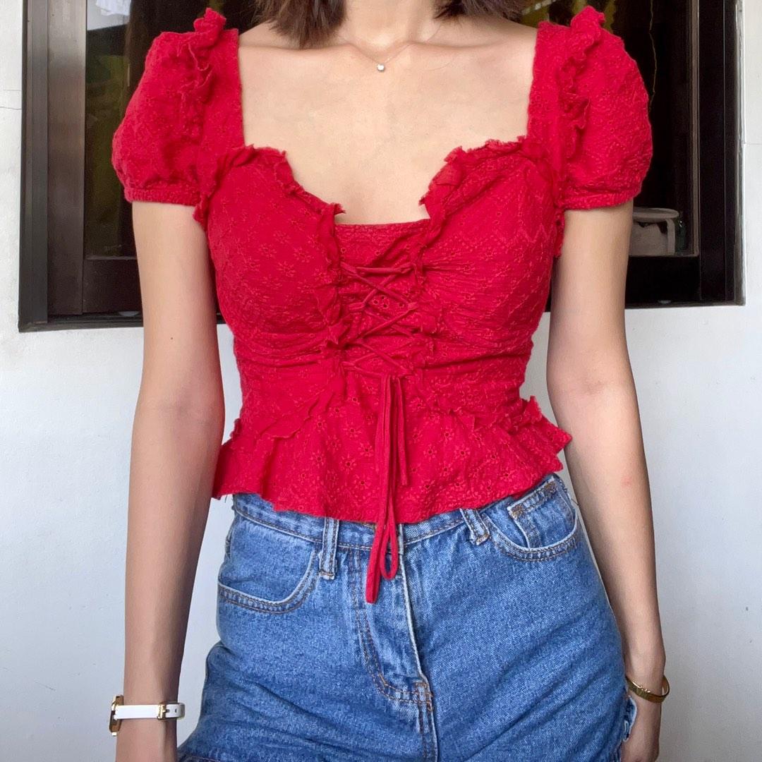 Red Puff Sleeves, Women's Fashion, Tops, Blouses on Carousell
