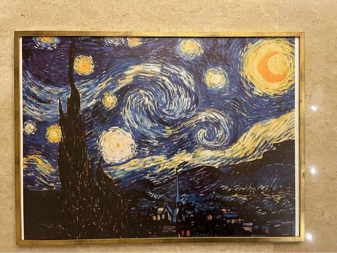 Starry Night - Van Gogh Print with golden frame, Furniture & Home ...