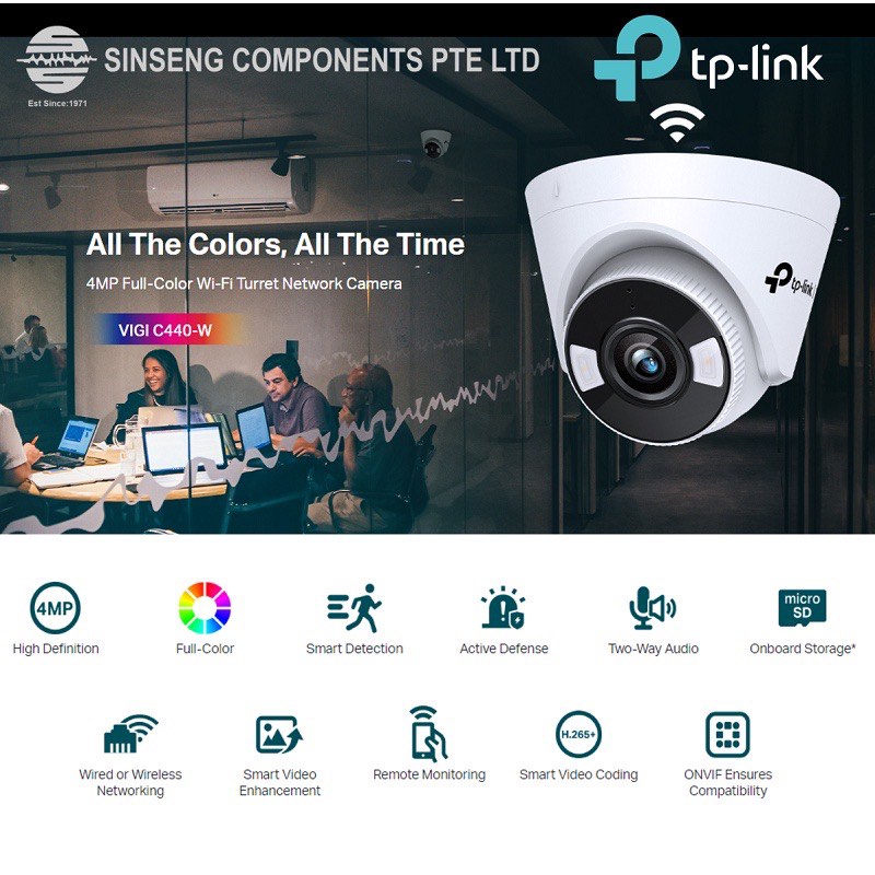 TP-Link Wifi C440-W VIGI 4MP ColorVu 24H Full-Color WiFi Turret Dome ...