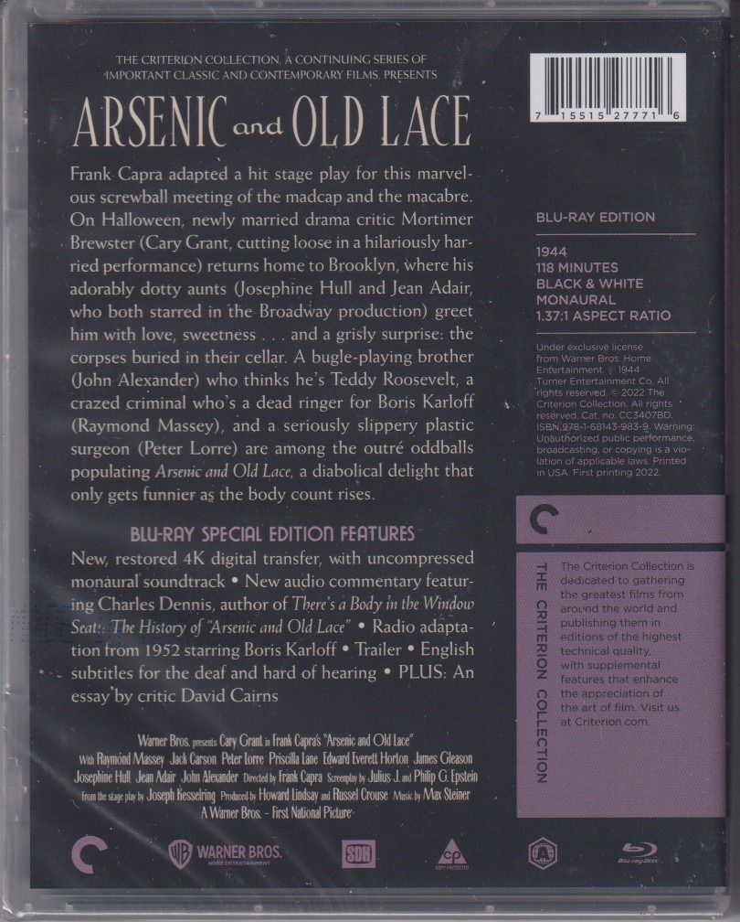 Arsenic and Old Lace (Criterion Collection No. 1153) Blu ray / Bluray ...