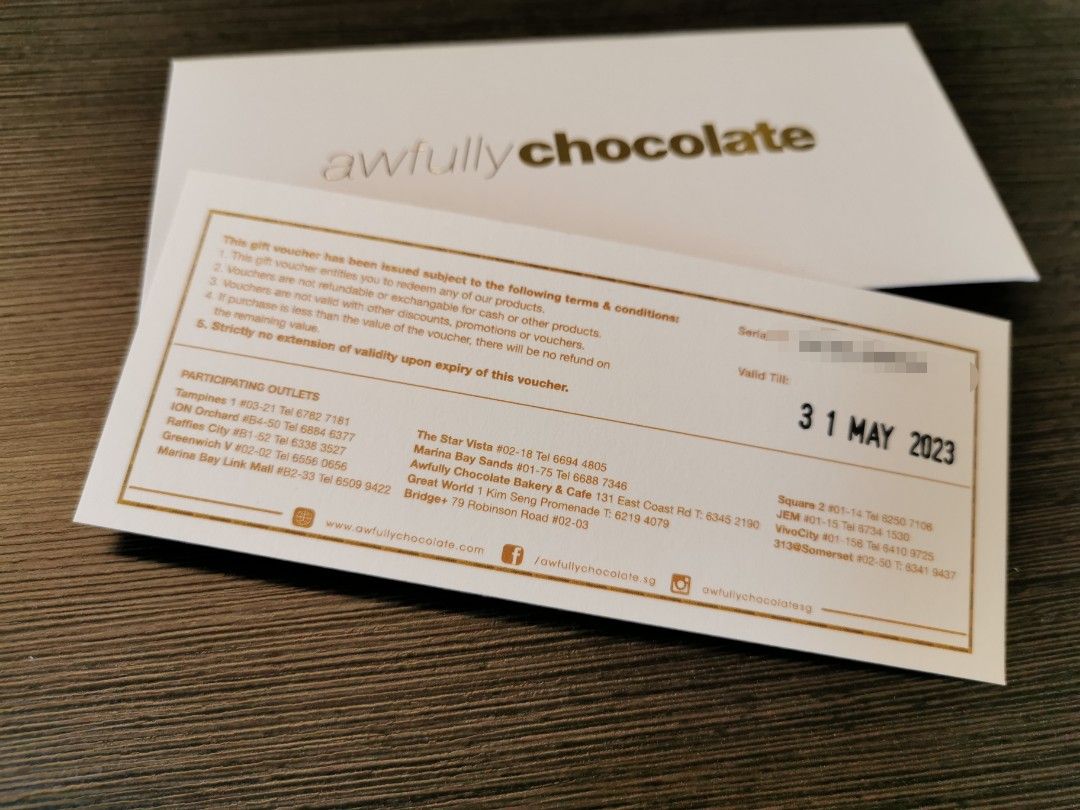 Awfully chocolate voucher $50, Tickets & Vouchers, Vouchers on Carousell