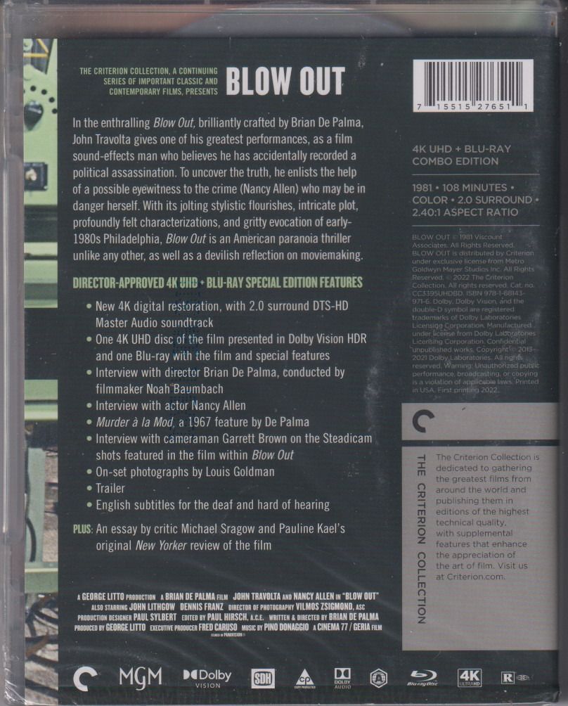 Blow Out 4K (Criterion Collection No. 562) Blu ray / Bluray, Hobbies ...