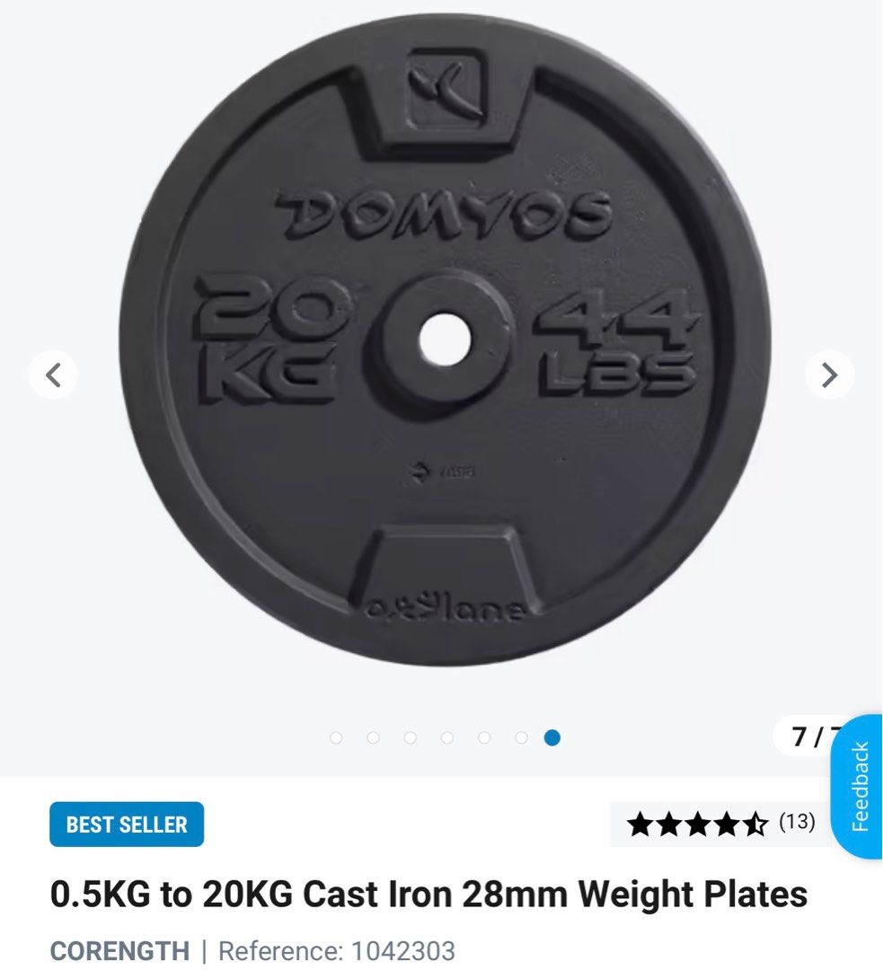 [Single plate only]Decathlon 20KG Cast Iron 28mm Weight Plates, Sports ...