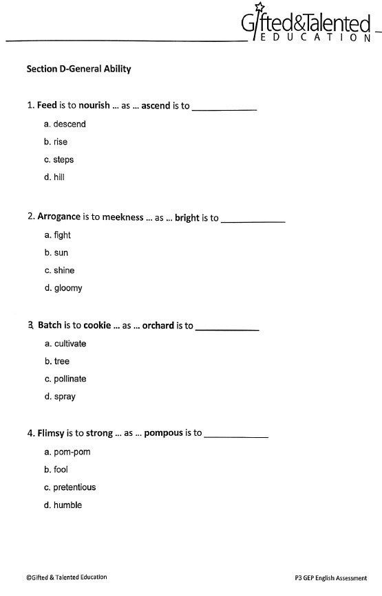 GATE Gifted and Talented P3 GEP 2022 P3 GEP English Eng Math GA general ...