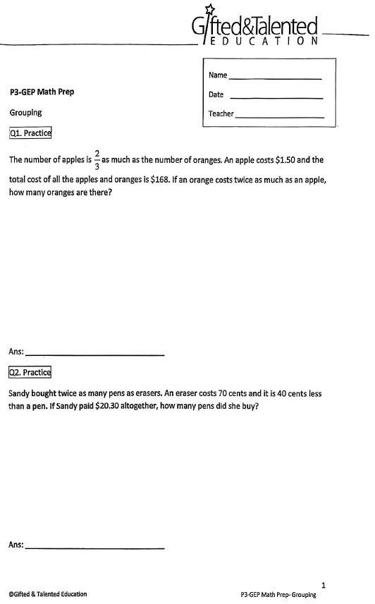 GATE Gifted and Talented P3 GEP 2022 P3 GEP English Eng Math GA general ...