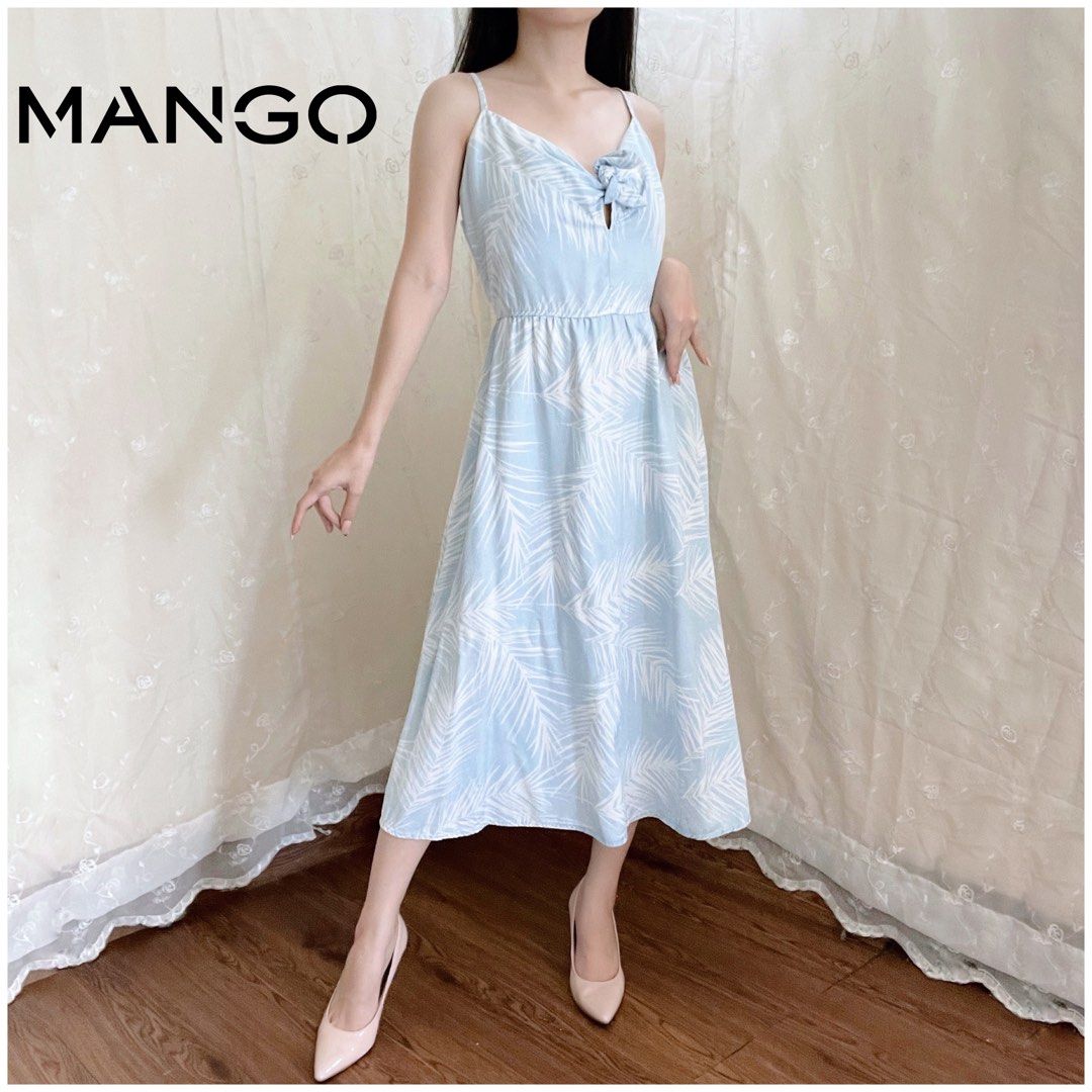 MANGO Blue White Tropical A Line Dress One Strap Midi Floral Leaf Beach ...
