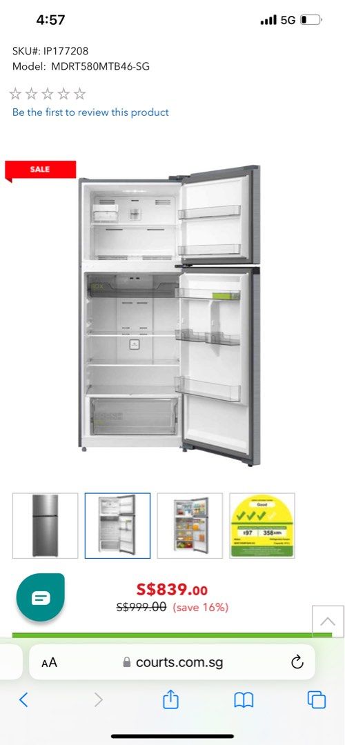 MIDEA 413L 2 DOOR FRIDGE MDRT580MTB46-SG, TV & Home Appliances, Kitchen ...
