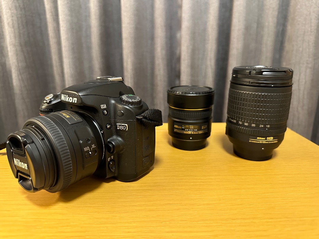 Nikon D80 with 18-135mm zoom f3.5-5.6 + 35mm f1.8 + fisheye 10.5mm f2.8 ...