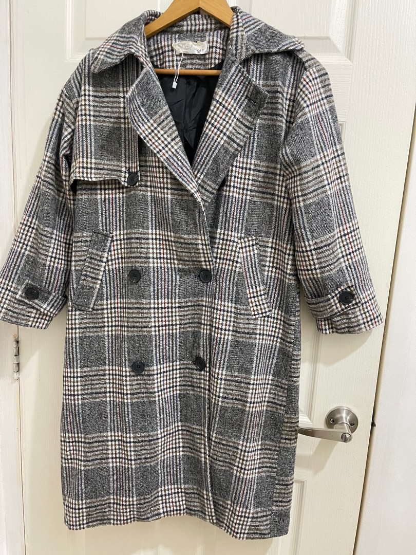 Plaid tweed wool long trench coat S-M, Women's Fashion, Coats, Jackets ...
