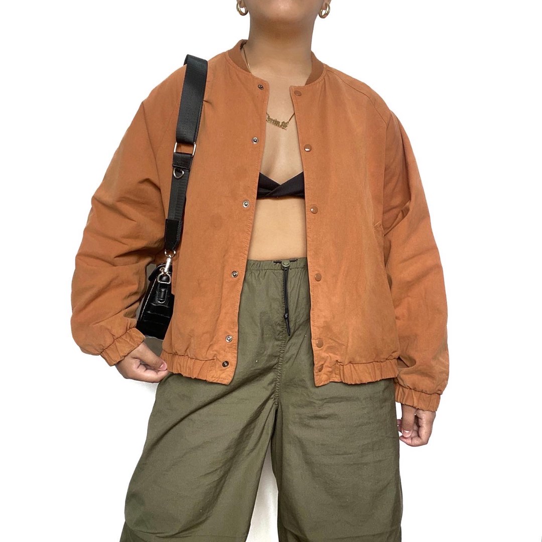 rust denim bomber jacket, Women's Fashion, Coats, Jackets and Outerwear ...