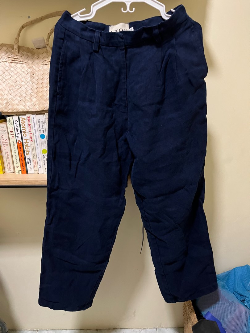 UNDO Studio Navy Blue Linen Pleated Trousers Pants , Women's Fashion ...