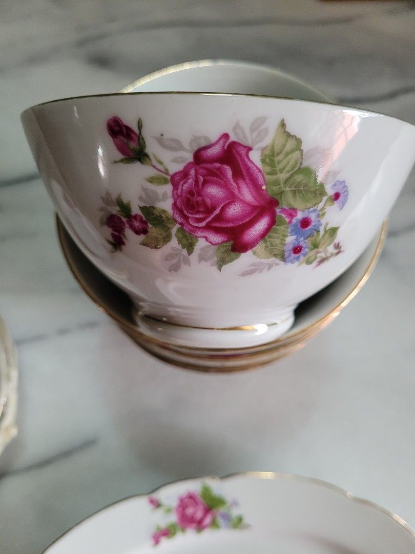 Vintage Cabbage Rose Porcelain Plate and Bowls, Furniture & Home Living ...