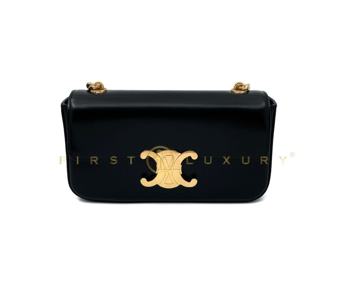 Celine Chain Triomphe In Shiny Calfskin Black Shoulder Bag, Luxury ...