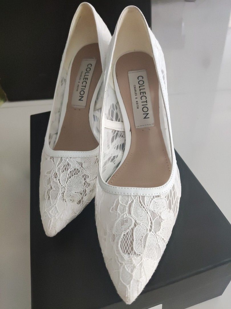 Charles & Keith White Lace Sculptural Heel Pumps, Women's Fashion ...