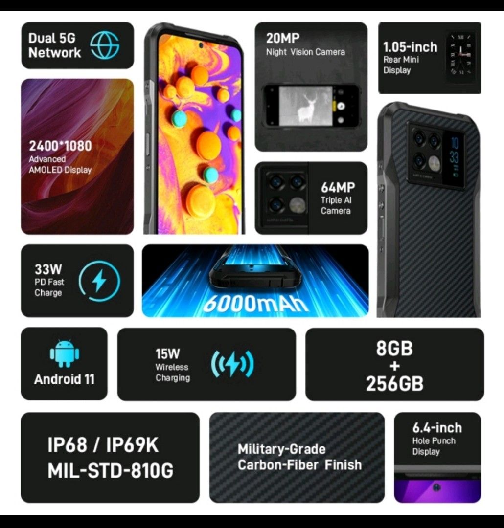 Doogee V20 5G Rugged Phone 6000Mah Long Endurance Mil Spec, Mobile ...