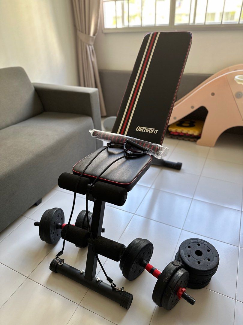 OneTwoFit Workout Bench and 20kg Adjustable Dumbbells, Sports Equipment ...