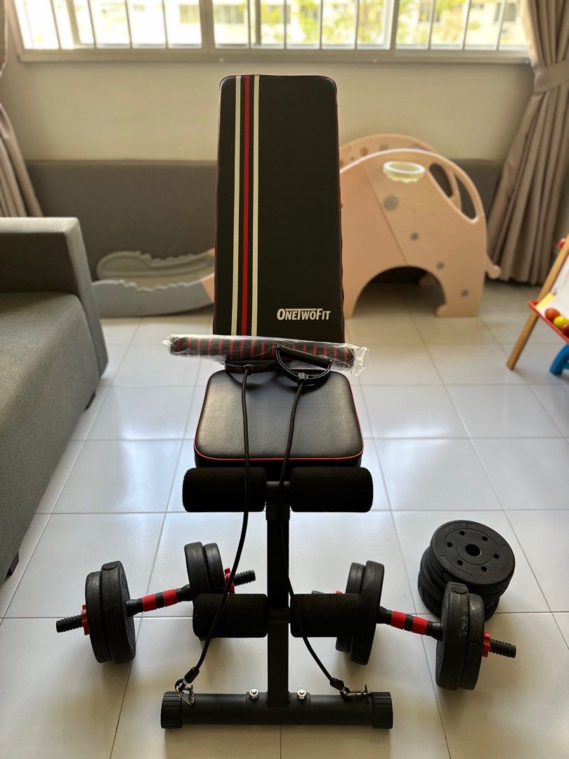OneTwoFit Workout Bench and 20kg Adjustable Dumbbells, Sports Equipment ...