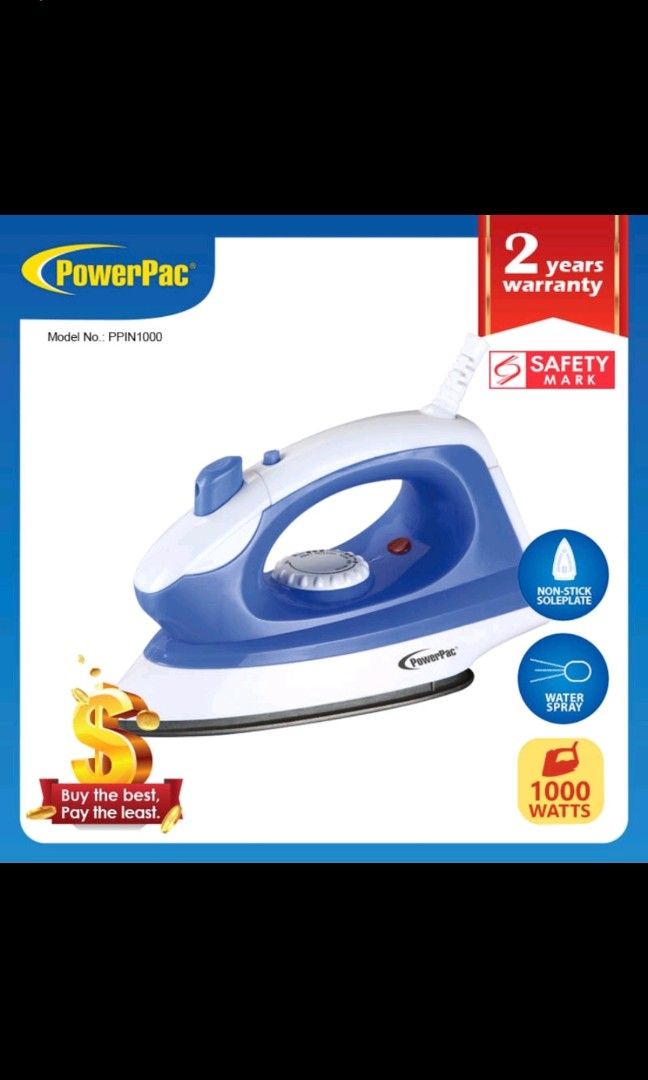 PowerPac Dry & spray Iron with Non-Stick Sole Plate (PPIN1000), TV ...